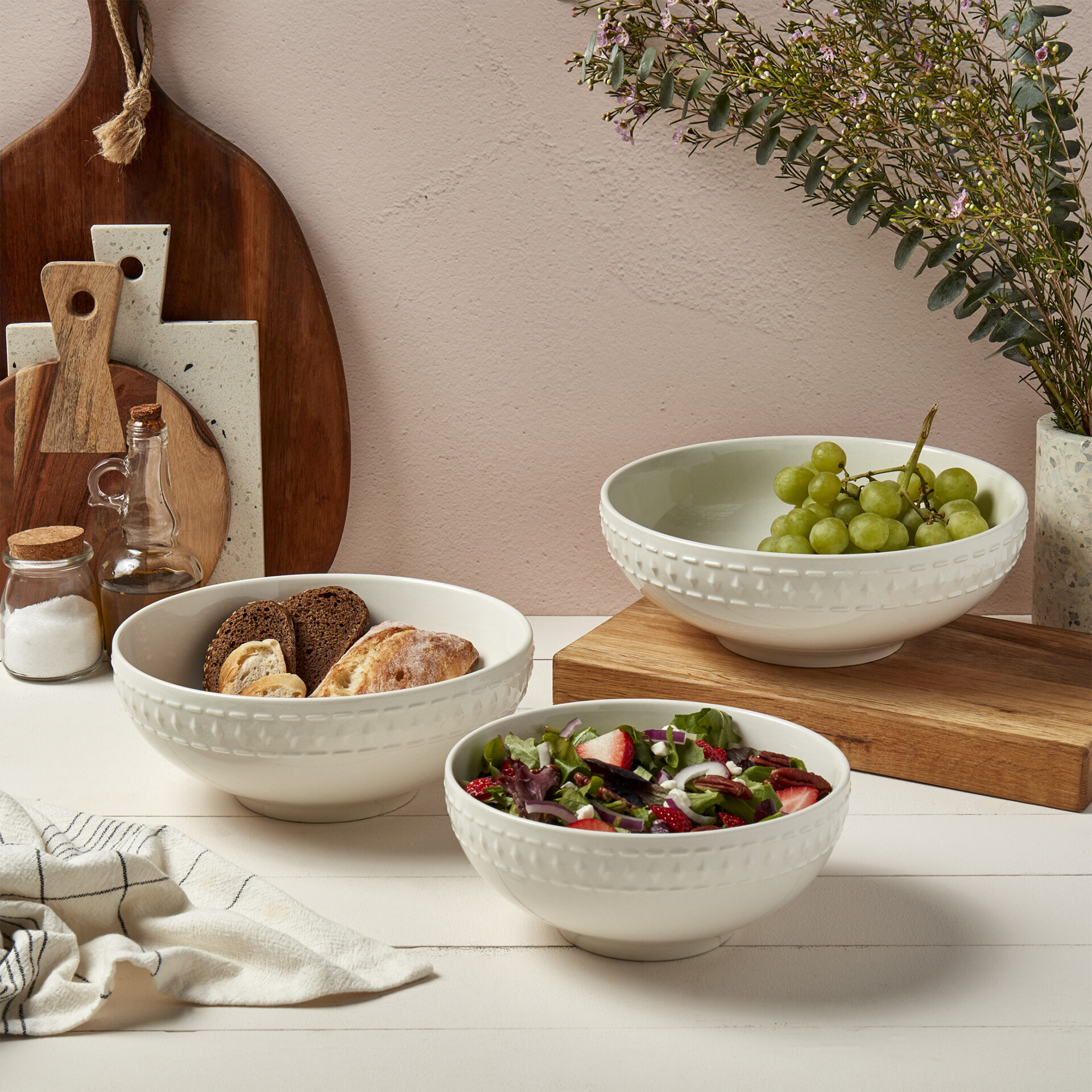 3-Piece Bloom Embossed White Porcelain Serving Bowls Set