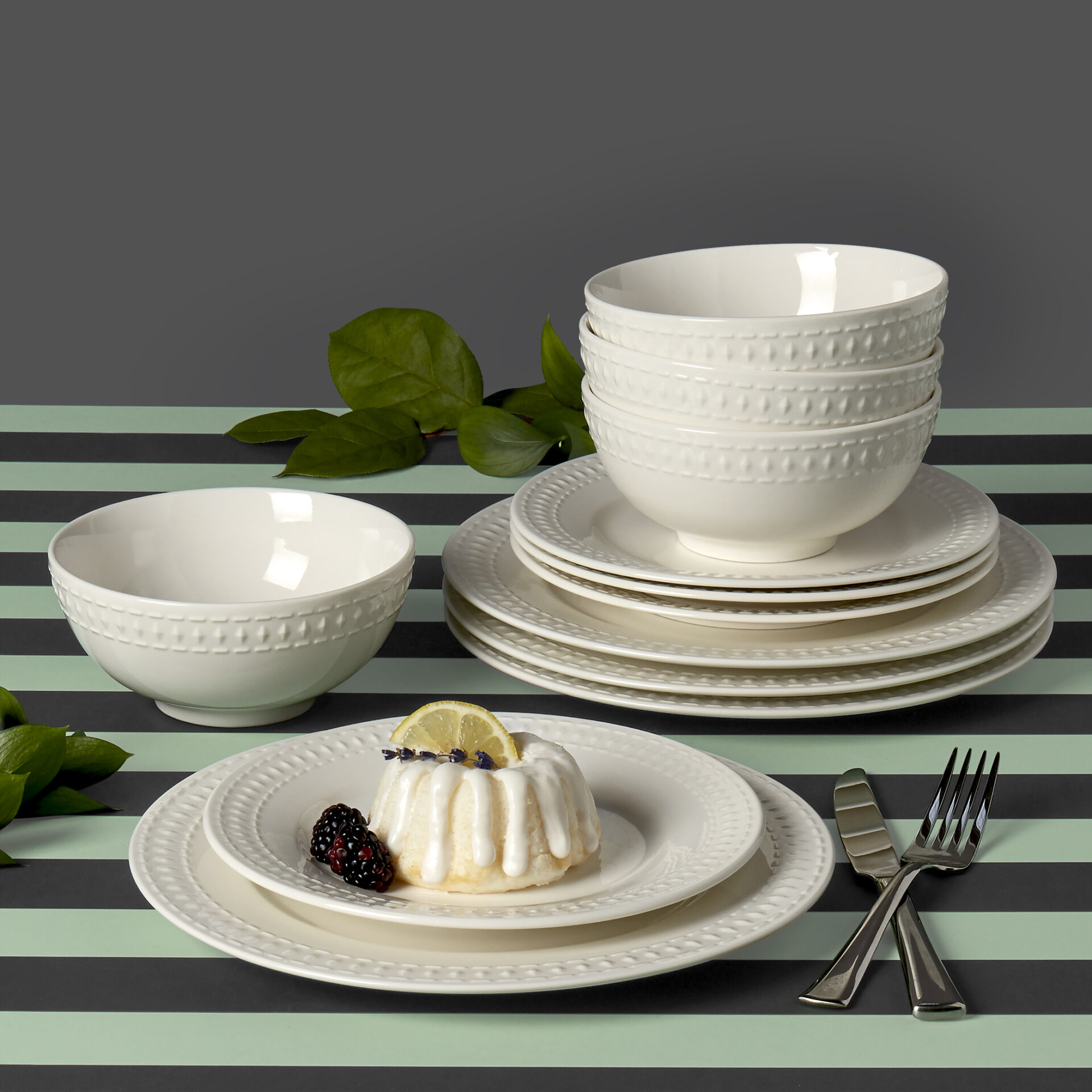 12-Piece Bloom Embossed White Porcelain Dinnerware Set