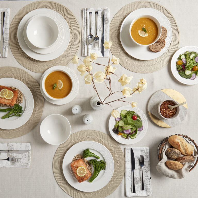 12-Piece Contempo Embossed White Porcelain Dinnerware Set