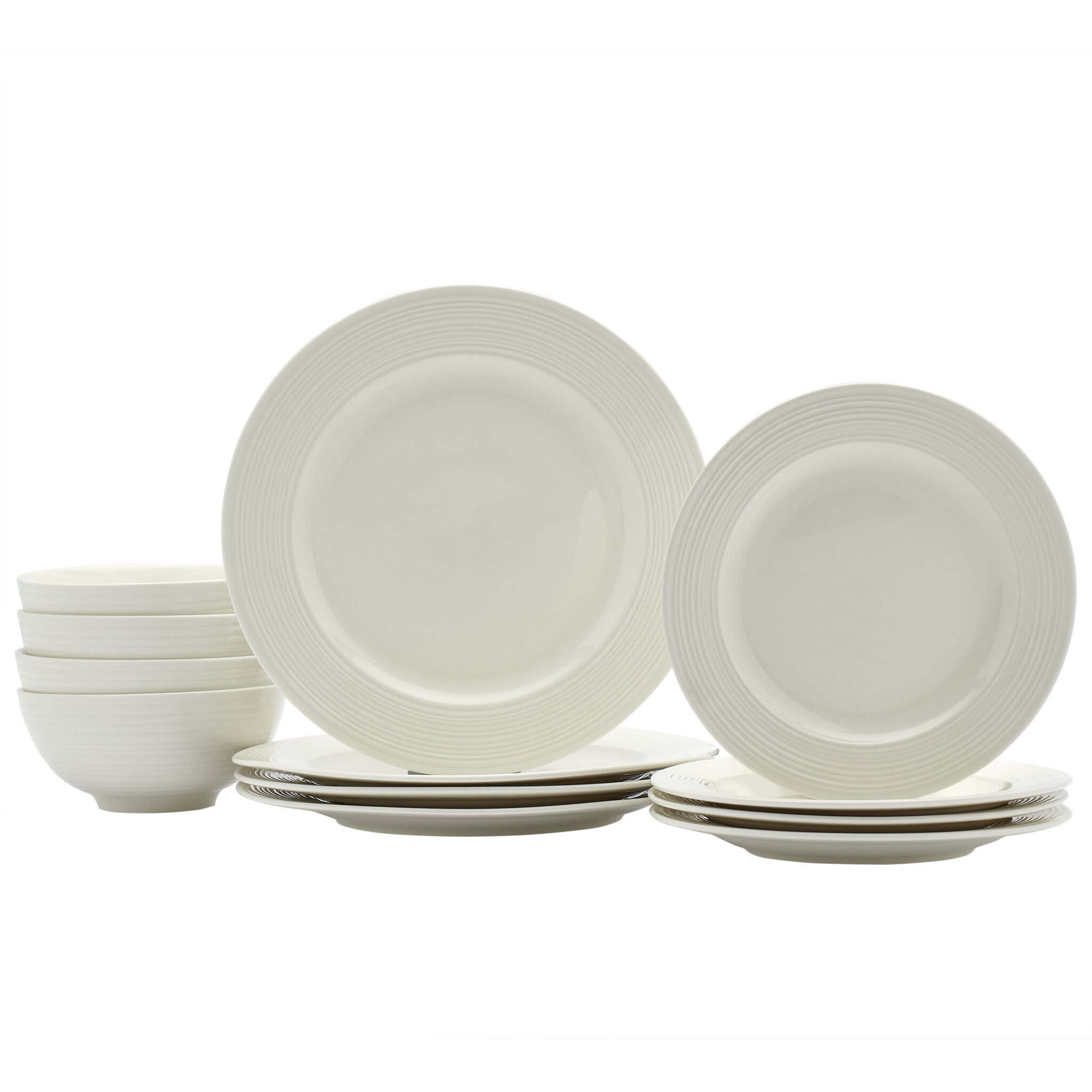 12-Piece Contempo Embossed White Porcelain Dinnerware Set