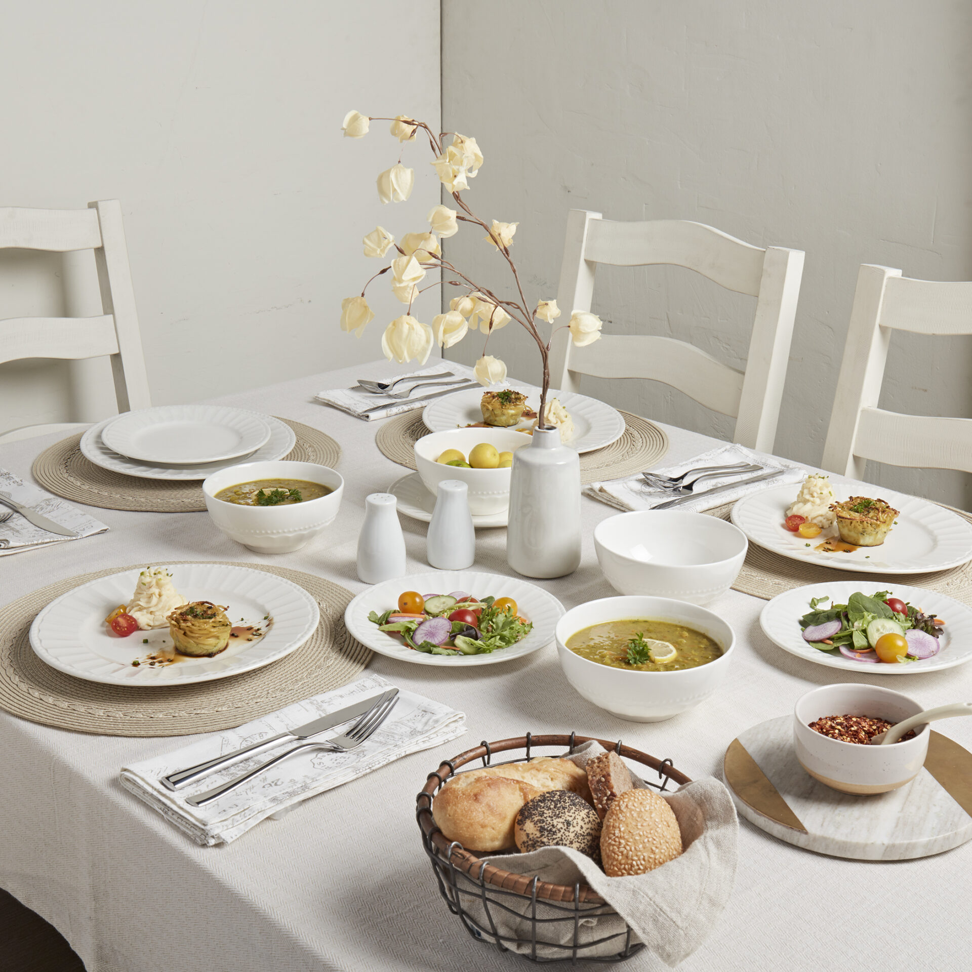 12-Piece Mosaico Embossed White Porcelain Dinnerware Set