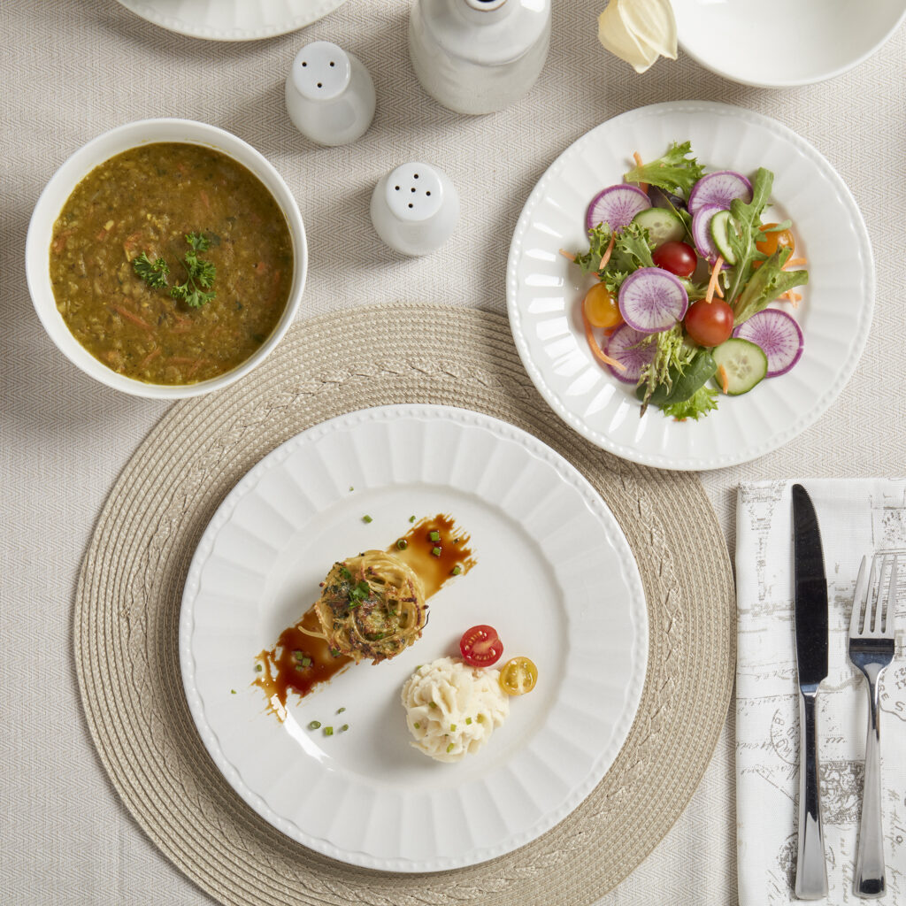 12-Piece Mosaico Embossed White Porcelain Dinnerware Set