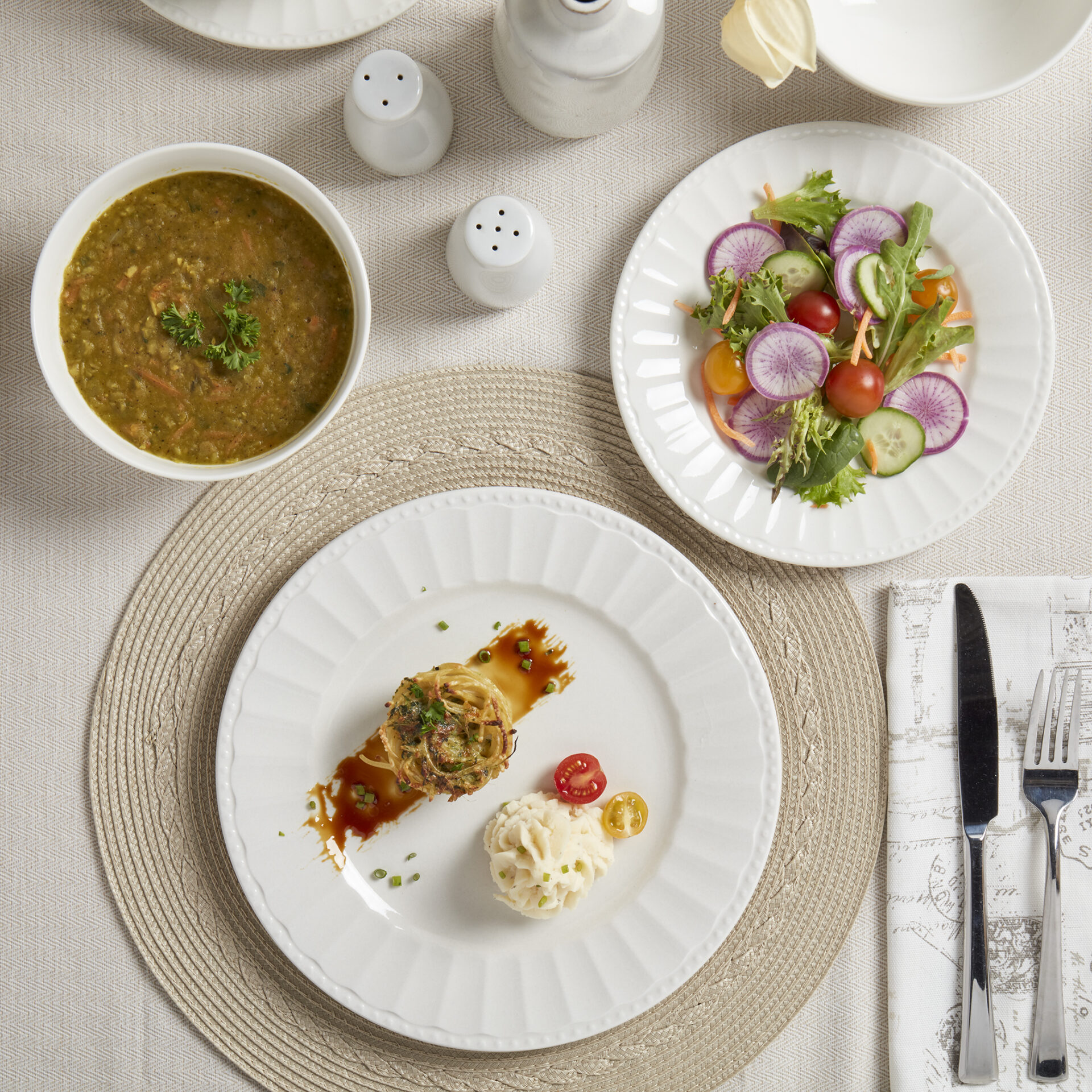 12-Piece Mosaico Embossed White Porcelain Dinnerware Set