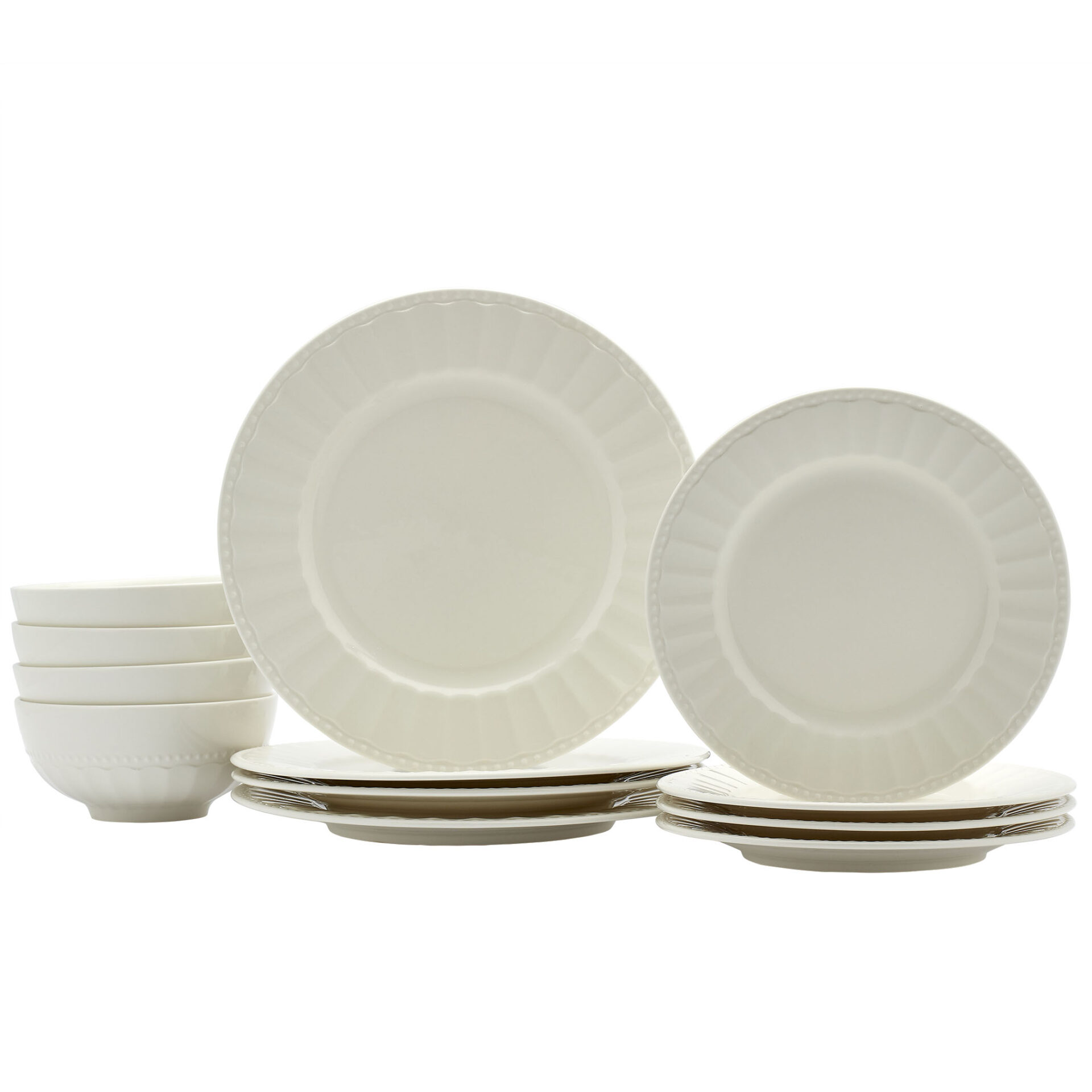 12-Piece Mosaico Embossed White Porcelain Dinnerware Set