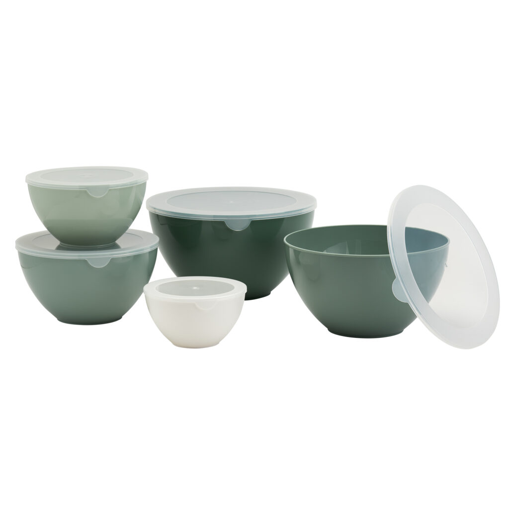 5 Piece Plastic Nesting Bowls with Lids Set, Gradient Green Colors