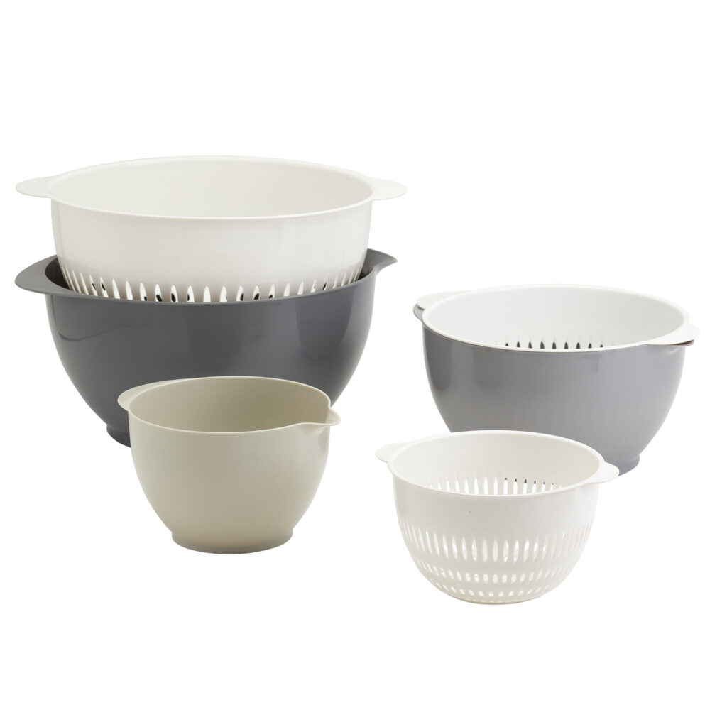 6 Piece Plastic Nesting Mixing Bowls and Colanders Set, Gray