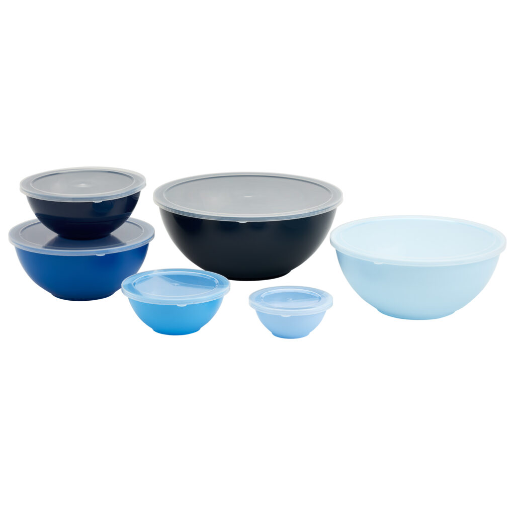 6 Piece Plastic Nesting Food Storage Mixing Bowls with Lids, Blue